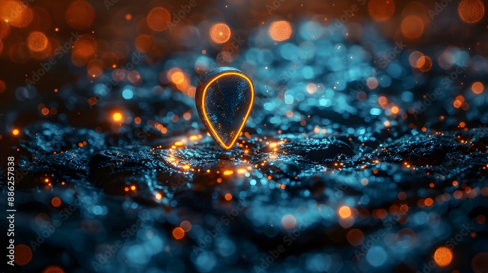 High-resolution image of an abstract blue location pin with a glowing ...