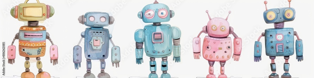 Cartoon illustration of four types of small robots, made from scraps ...