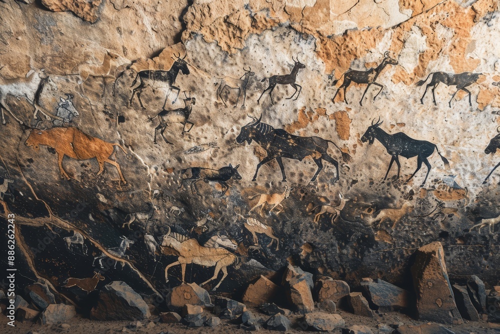 A glimpse of prehistoric life through cave paintings. The ancient rock ...