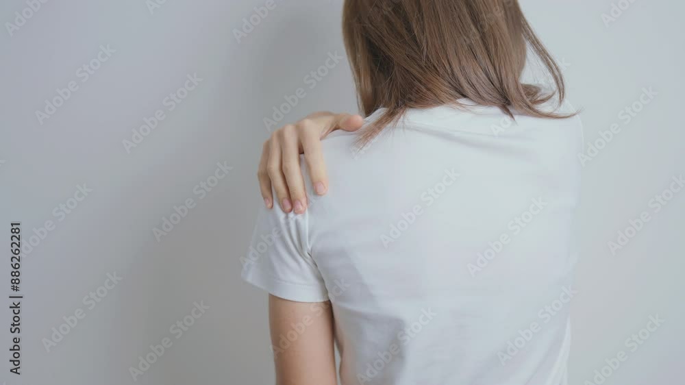 Woman having Shoulder and Neck pain at home. Muscle painful due to ...