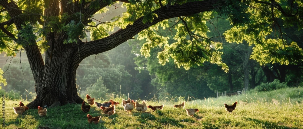 A serene scene of chickens resting under a large tree in a free-range ...