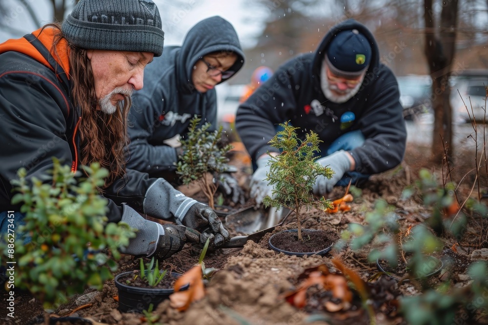 Volunteers planting trees in a community park, with people of all ages ...
