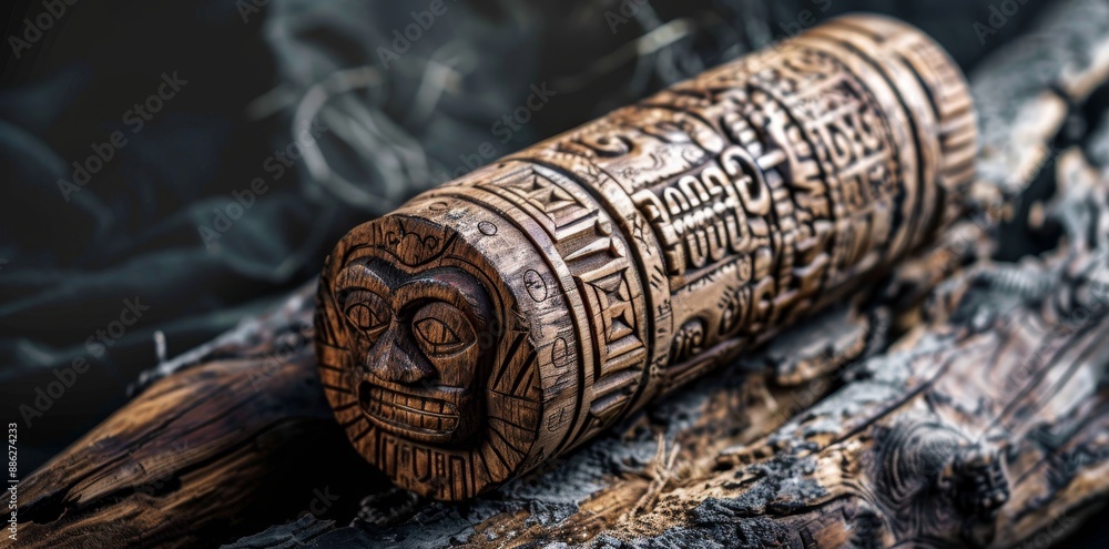 Ancient Mesoamerican scroll with symbolic Aztec drawings on weathered ...