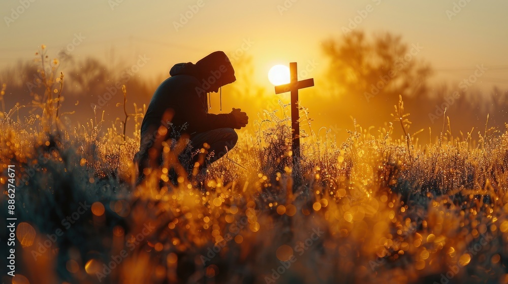 Depressed Man Kneeling and praying in front of cross in mountain ...
