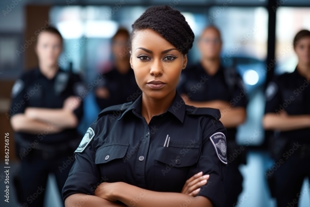 Portrait of confident female police officer standing in office in front ...
