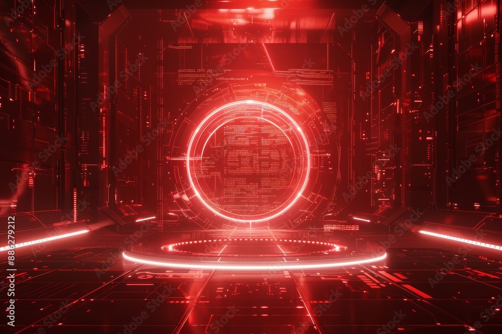 Circle with glowing red lines in a tech time tunnel abstract design ...