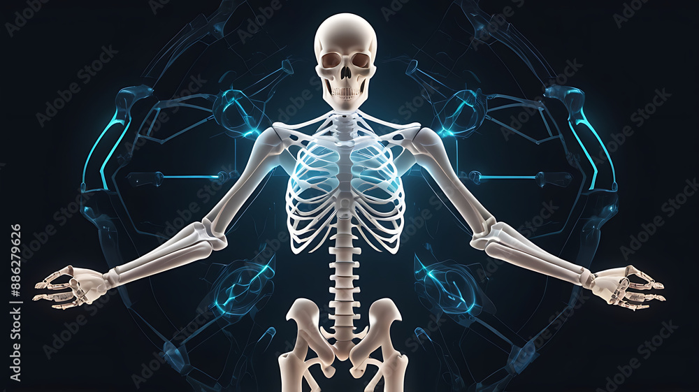 A skeleton structure with futuristic, transparent bones and glowing ...