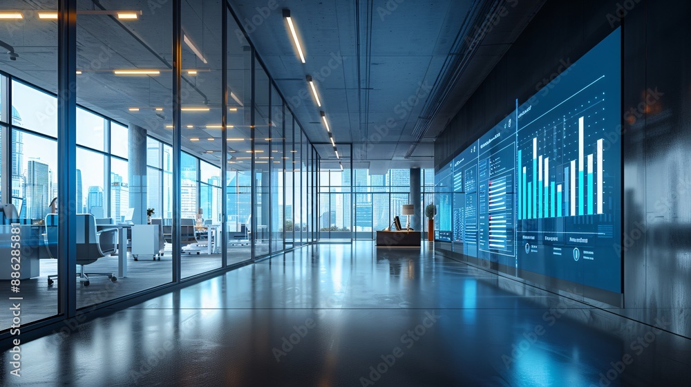 9. Modern office space with analytics dashboards projected on glass ...