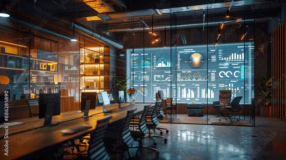 9. Modern office space with analytics dashboards projected on glass ...