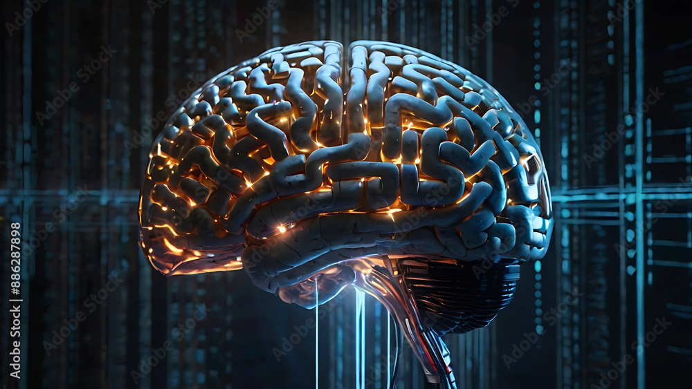 A glowing, digital brain with interconnected circuits and nodes, symbolizing the concept of ...
