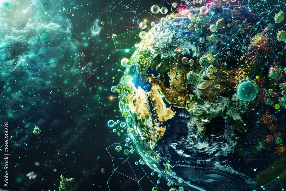 Earth depicted on computer screen with bubble overlays, Create a visual ...