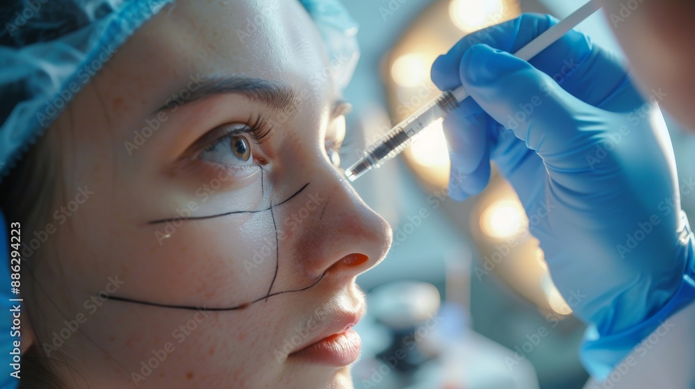 ENT doctor is drawing mark up lines on nose before rhinoplasty surgery ...