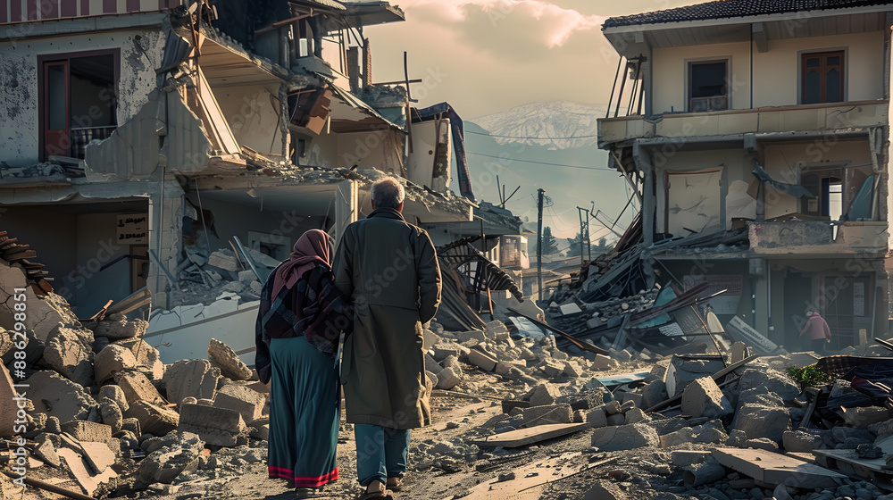 Refugees, view from the back, looking at damaged homes. Homeless people ...