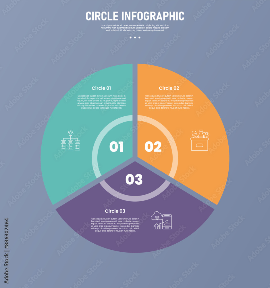 3 point circle infographic stage or step template with big piechart circle slice for slide ...