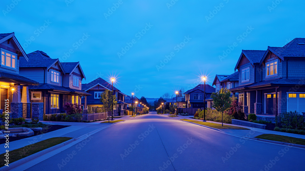 Residential suburban street during twilight with modern two-story ...