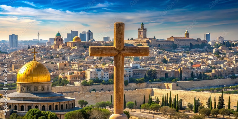 Christian cross with scenic view of Jerusalem and the Solomon Temple ...