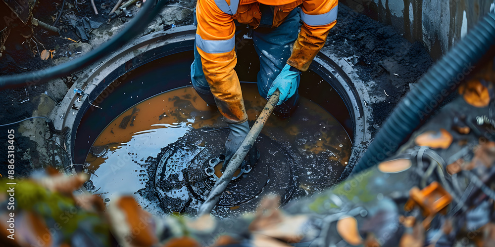 Man cleaning septic tank for sewage removal service. Concept Septic ...