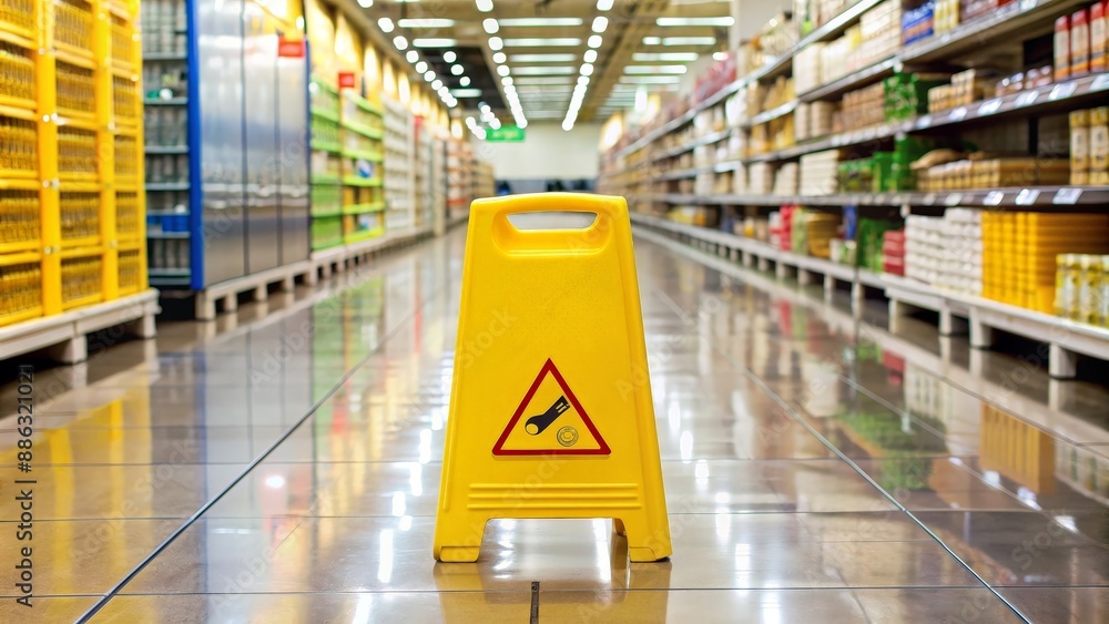 Yellow wet floor sign in a supermarket aisle , caution, slippery ...