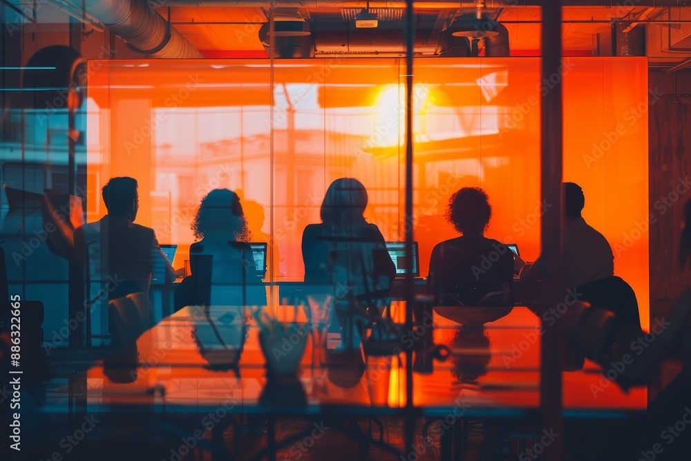 Group of people gathered around a conference table discussing work ...