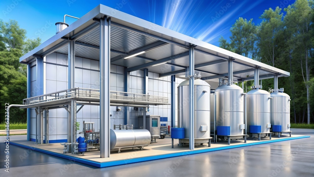 Industrial hydrogen facility with large hydrogen tanks connected to a ...