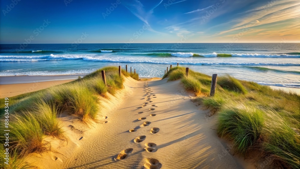 Sandy beach path leading to the ocean with footprints in the sand ...