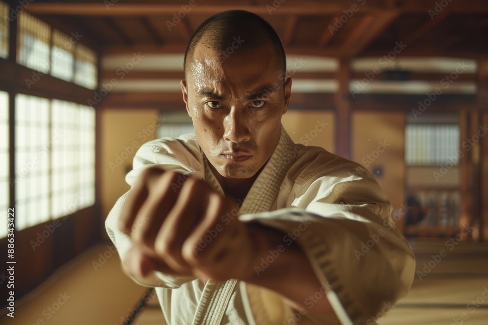 Karate practitioner in white gi strikes in traditional dojo with ...