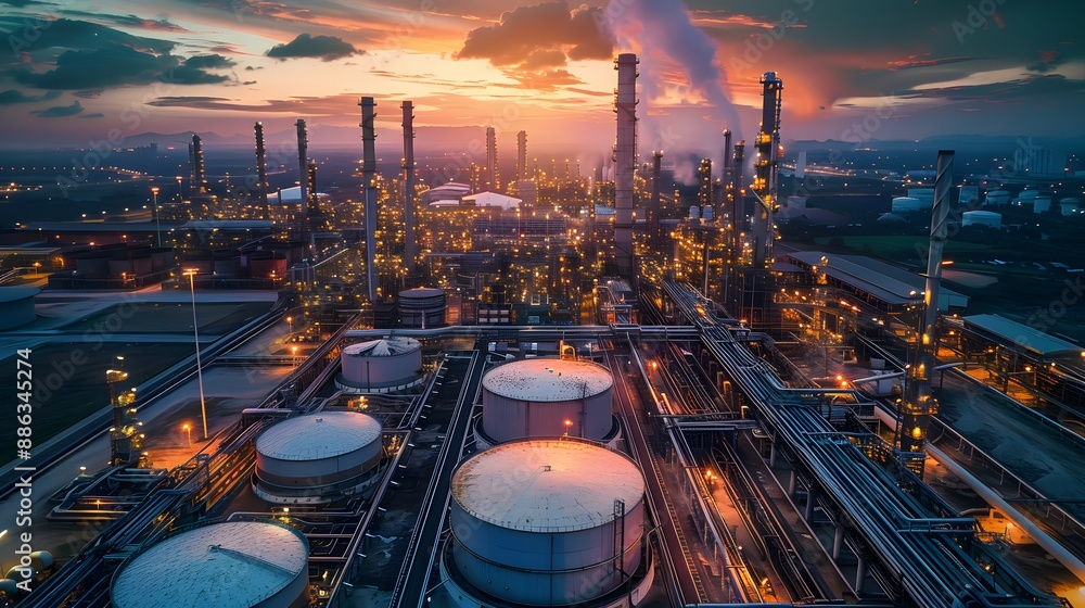 Oil refinery facility with gas power plant and storage tanks ...