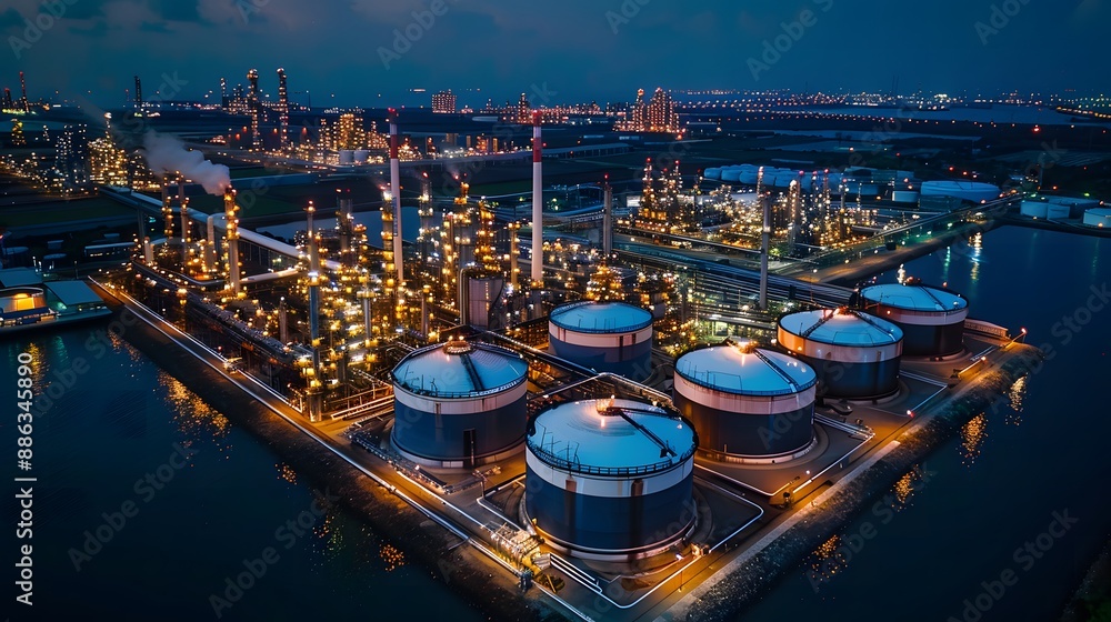 Oil refinery facility with gas power plant and storage tanks ...