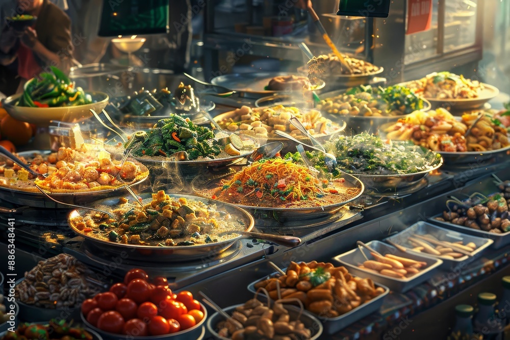 Numerous bowls of various cuisines are showcased at a bustling food ...