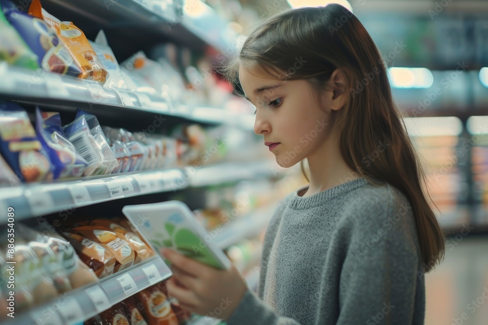 A young girl carefully examines various food items on display in a ...