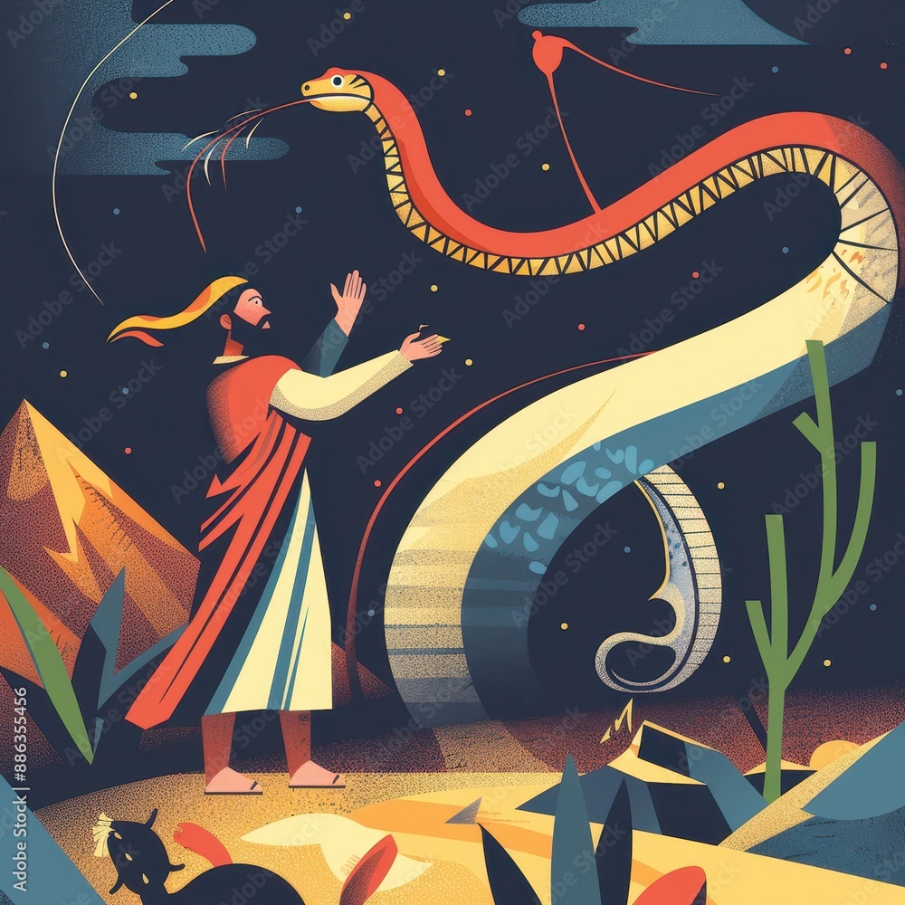 Exodus : God instructing Moses to grab the serpent by the tail, Exodus story flat design ...