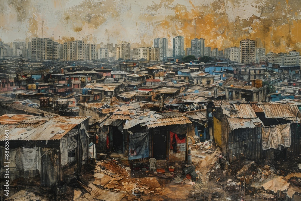 A painting portraying a slum area with numerous shacks, highlighting ...