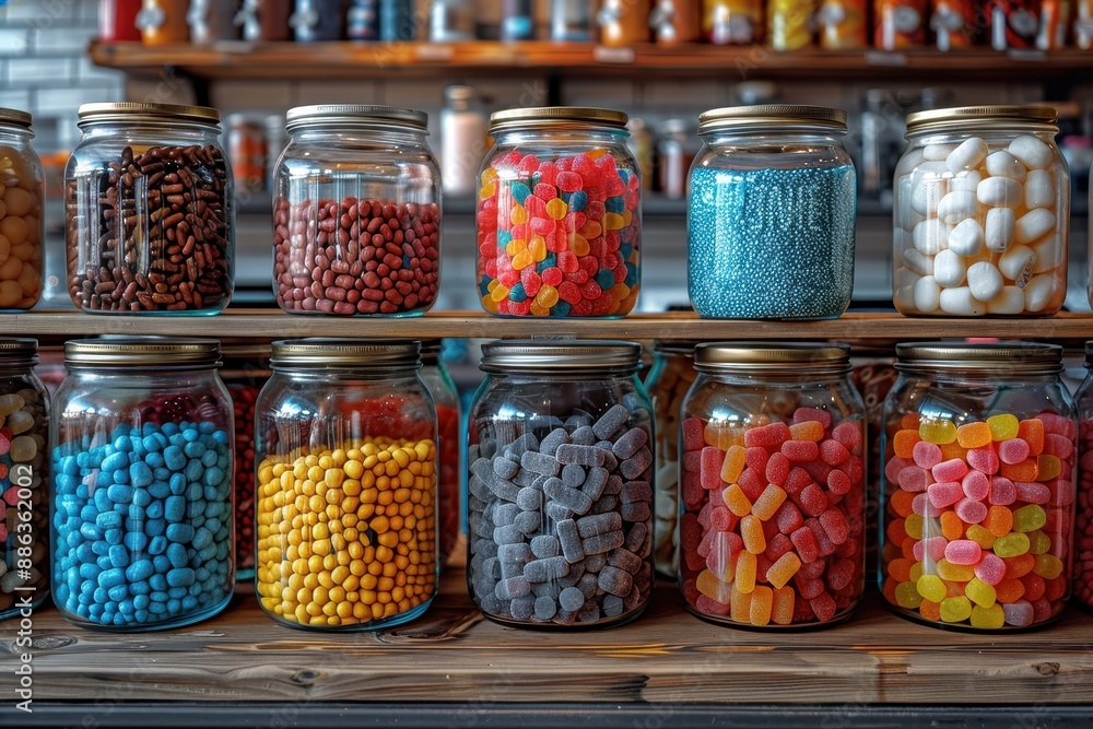 A vibrant candy store display with jars filled with different types of ...
