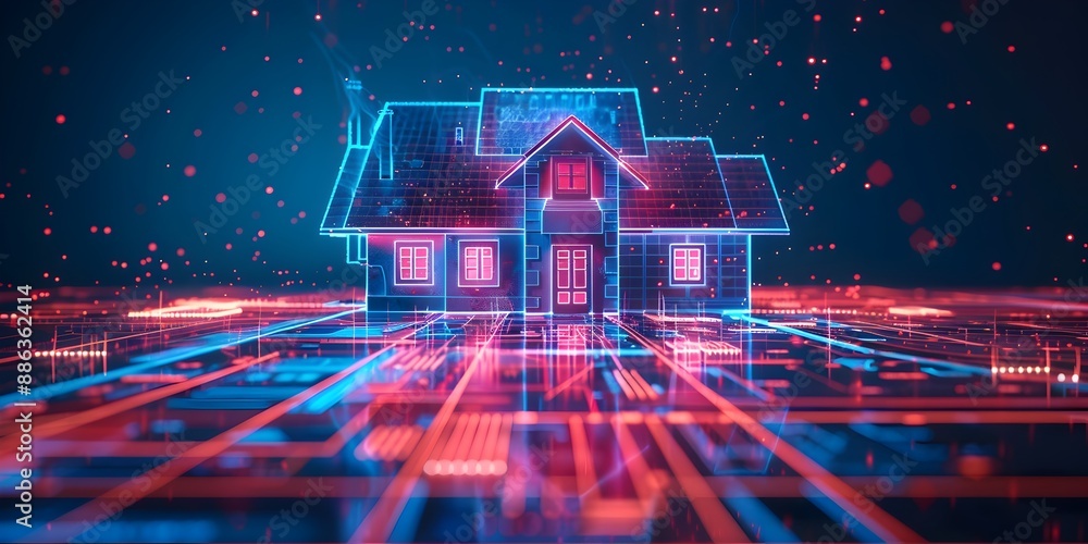 Neon Holographic Blueprint of a Futuristic Architectural Innovation for ...