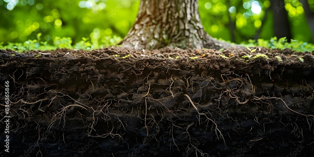 Cross-section showing soil layers beneath a complex tree root system ...