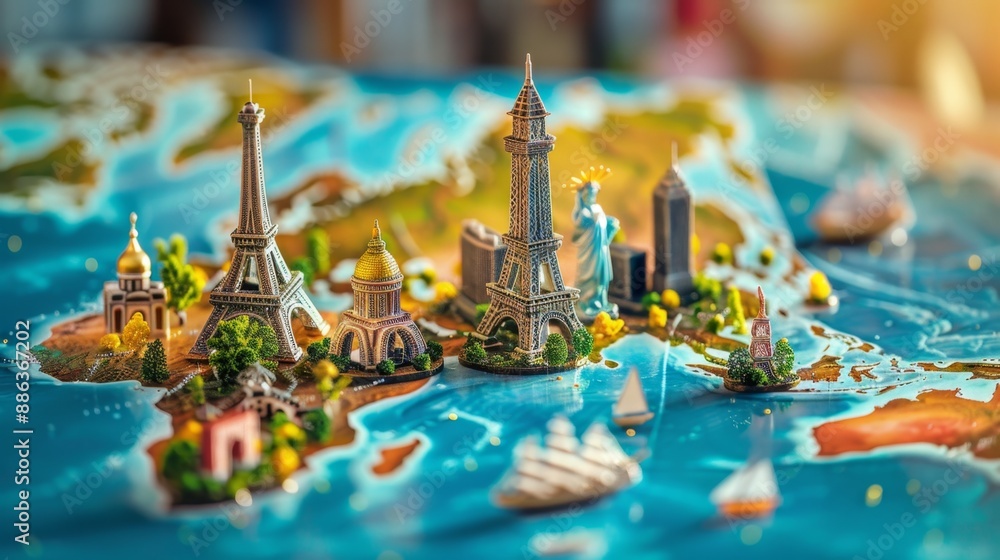 Miniature World Landmarks on a World Map Stock Photo | Adobe Stock