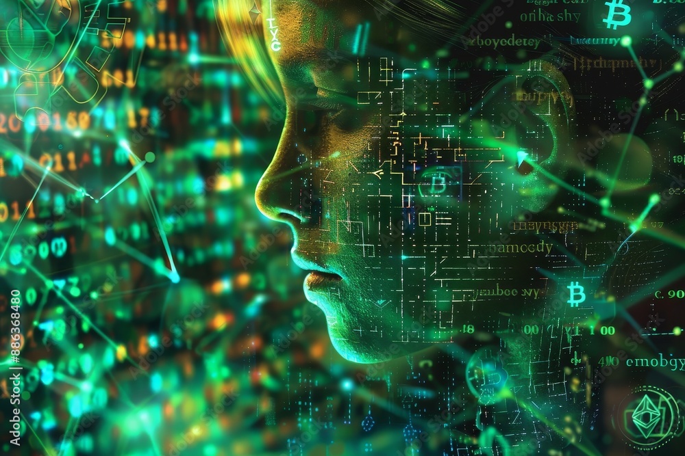 A womans face in front of a computer screen, focused on what is ...