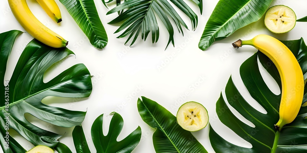 Green banana and traveler palm leaves isolated on white background ...