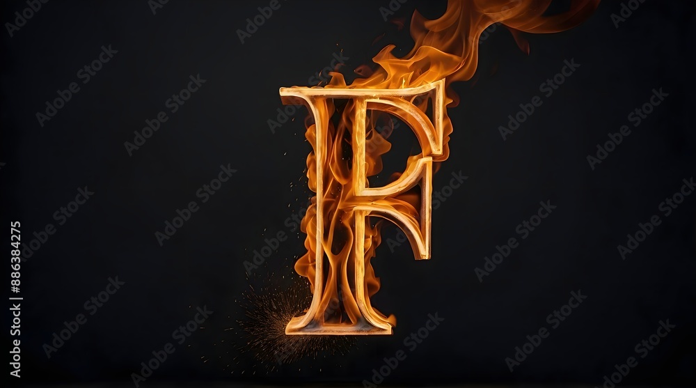 The letter F in 3D, in blakc color, it's on fire, there are yellow fire ...