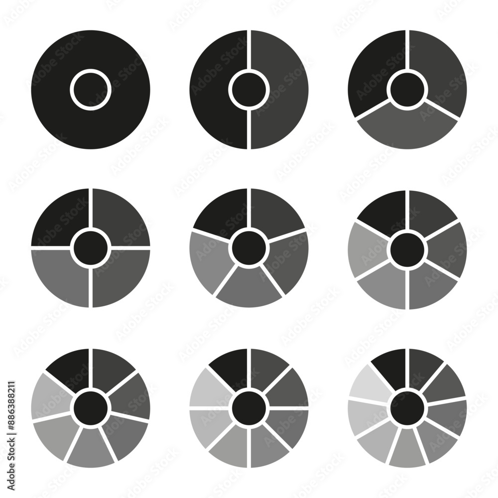Circles divided diagram 3, 10, 7, graph icon pie shape section chart ...