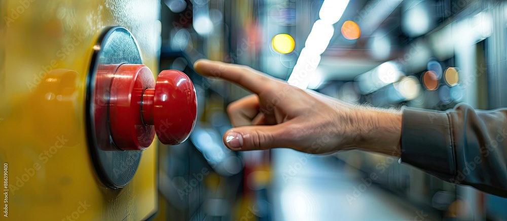 Worker hand reaching towards the oversized red emergency stop button in ...