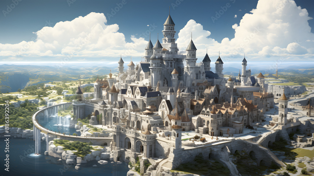 A majestic white castle sits atop a hill, overlooking a sprawling ...