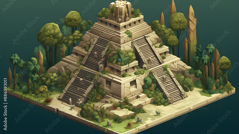 An isometric illustration of an ancient temple ruin hidden deep in a ...