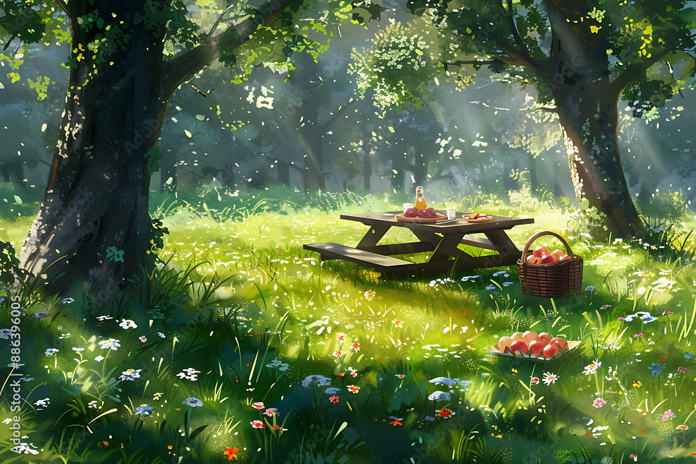 cartoon green beautiful spring city town park with bench trash can tree ...