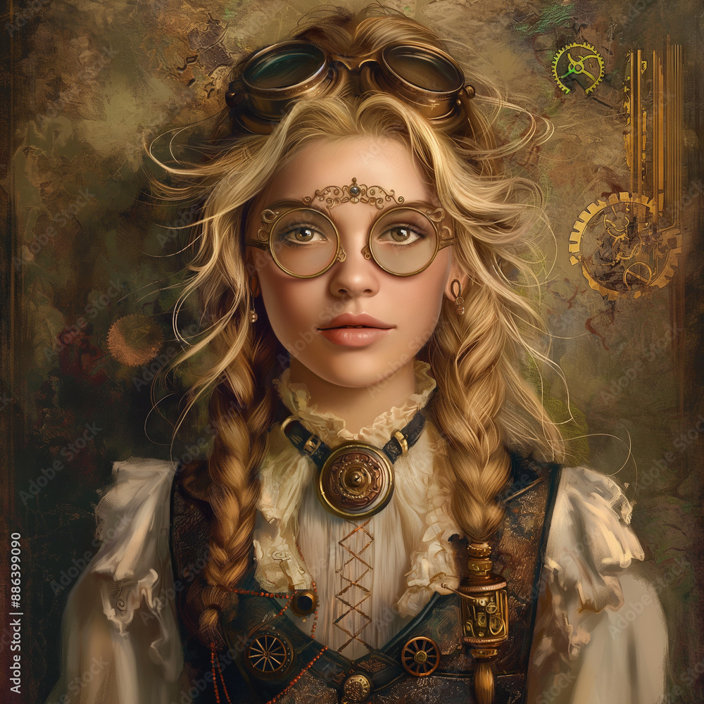 Blonde girl in Steampunk renaissance clothes with glasses and braids ...