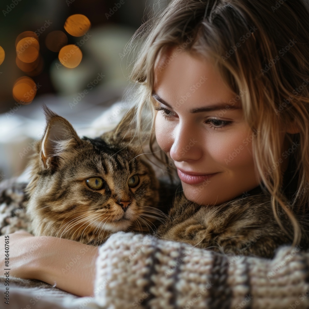 A woman is holding a cat in her arms while wearing a sweater. The cat ...