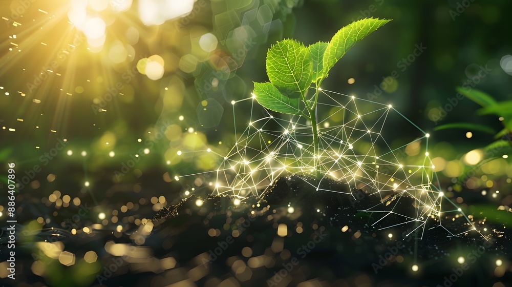 Digital rendering of a plant emerging from the soil, enveloped by ...