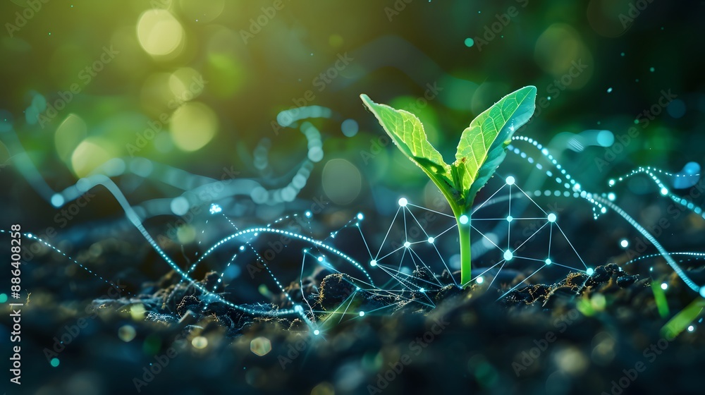 young plant sprouting from the soil, interwoven with digital data ...