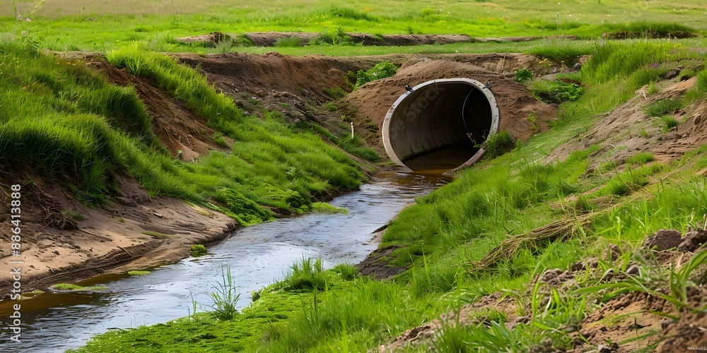 Excavation of a Drainage Ditch with a Small Culvert in a Field. Concept ...