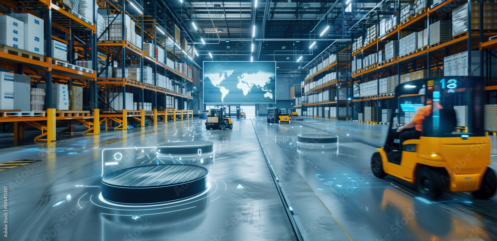 Foto de Automated warehouse with robotic forklifts and digital ...